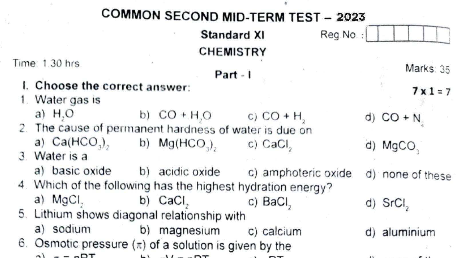 11th Chemistry Second Mid-term Question Paper | Answer Key 2023 : Kalvi ...