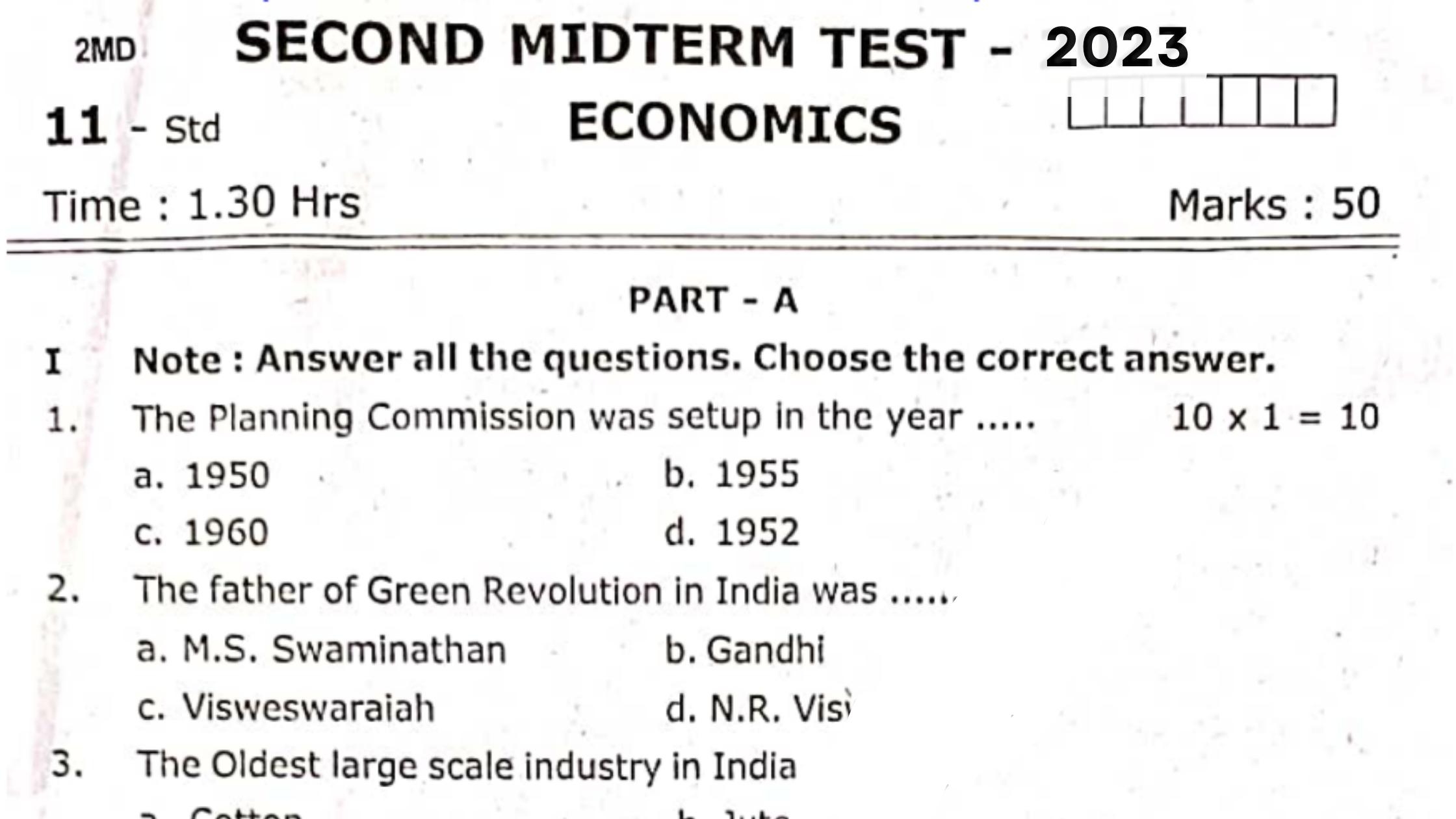 11th Economics Second Mid-term Question Paper | Answer Key 2023 : Kalvi ...