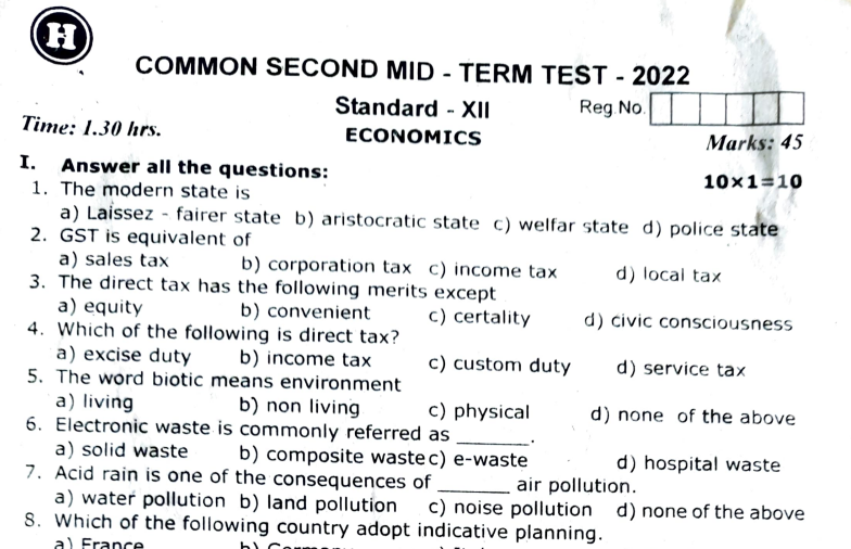 12th Economics 2nd Mid-term Question Paper and Answer Key 2023 : Kalvi ...