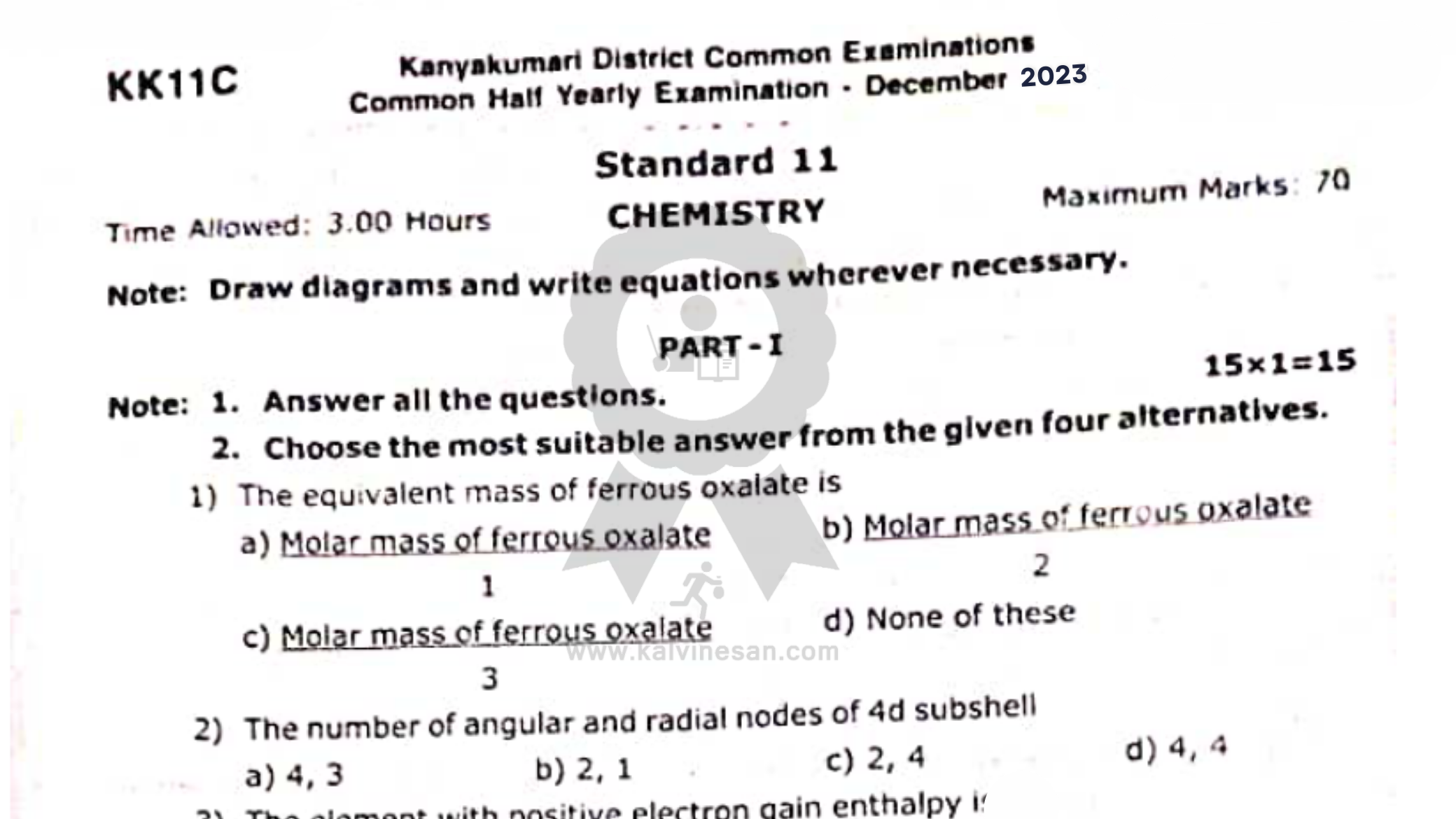 11th Chemistry Half yearly Question Paper Answer Key 2023 24 Kalvi 11th Chemistry Half yearly Question Paper Answer Key 2023 24 Kalvi