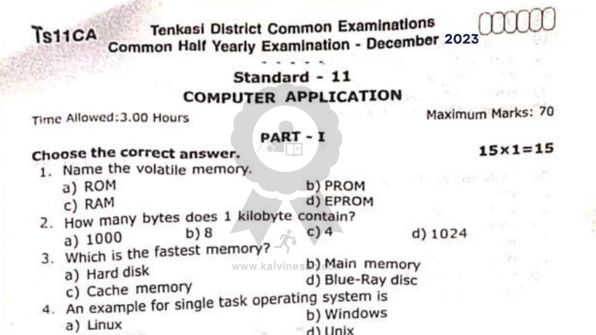 11th Computer Application Half-yearly Question Paper | Answer Key 2023-24 : Kalvi Nesan