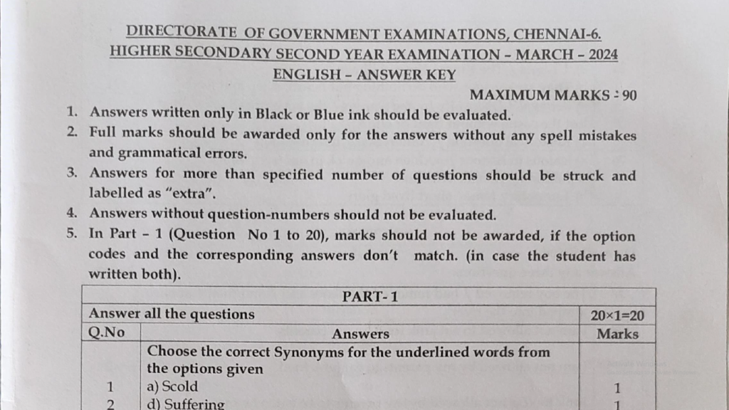 12th English Public Exam Official Answer Key 2024 : Kalvi Nesan