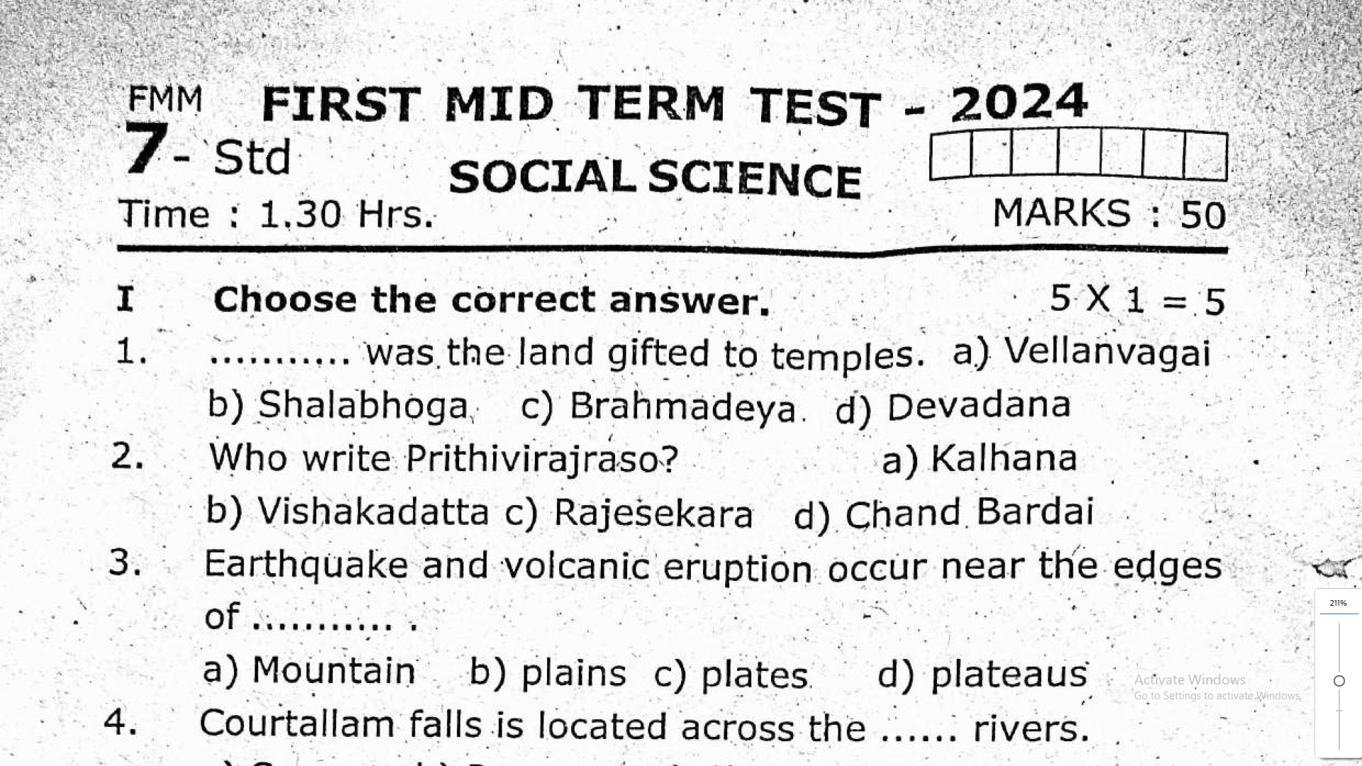 7th Social Science First Mid Term Test Question Papers TM & EM 2024 ...