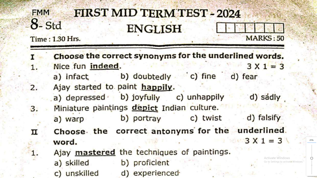 8th English First Mid Term Test Question Papers 2024 : Kalvi Nesan