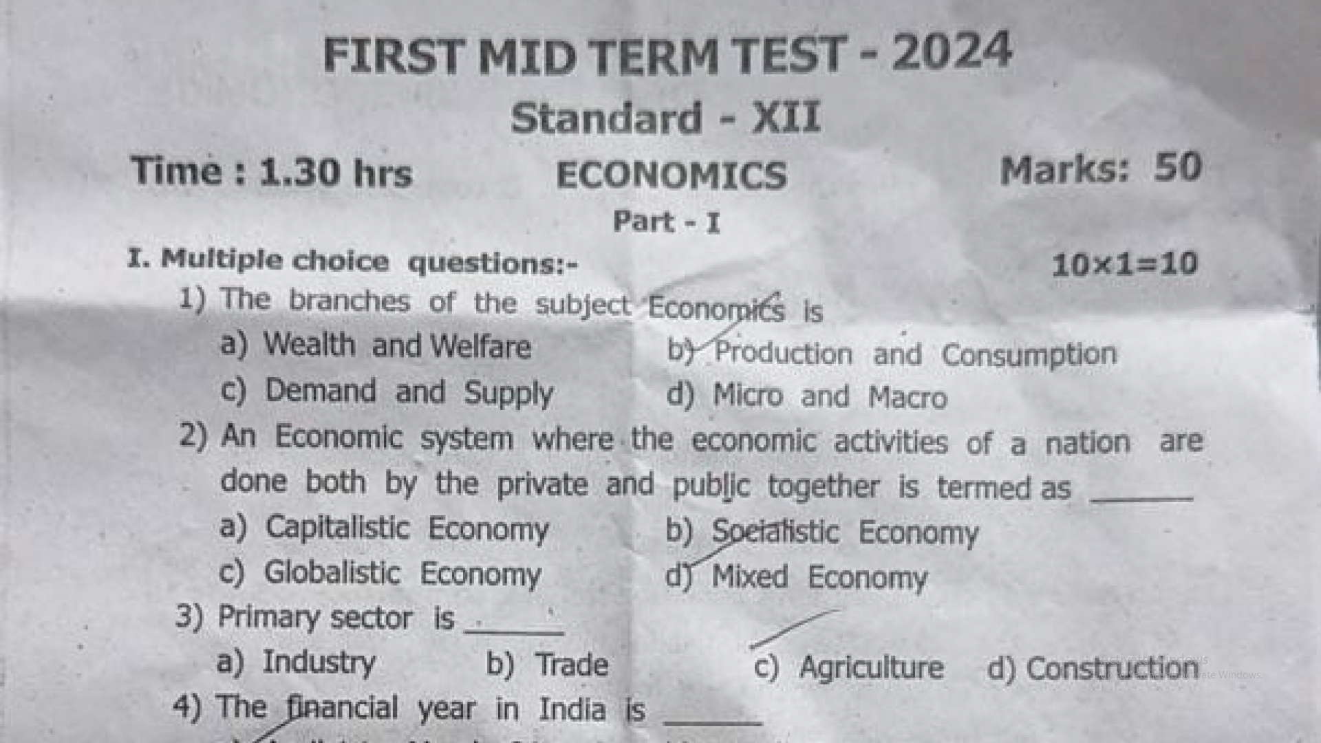 12th Economics First Mid Term Test Question Papers TM & EM 2024 : Kalvi ...