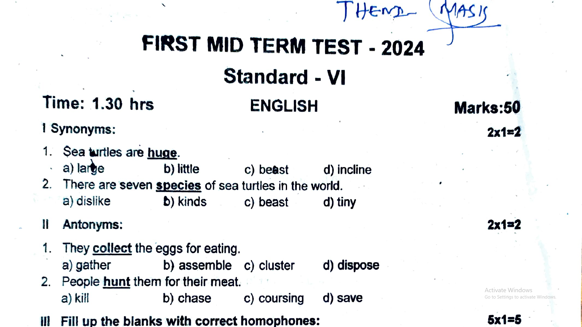 6th English First Mid Term Test Question Paper 2024 : Kalvi Nesan