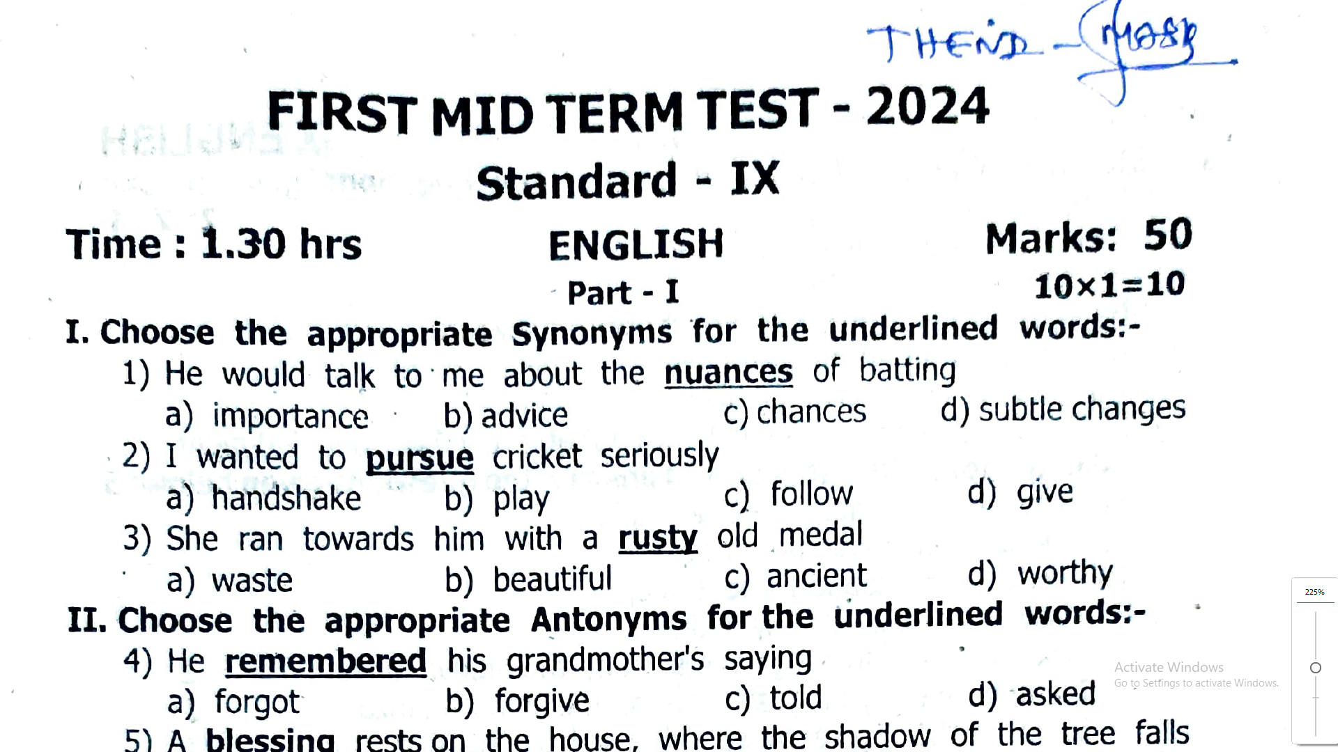 9th English First Mid Term Test Question Papers 2024 : Kalvi Nesan
