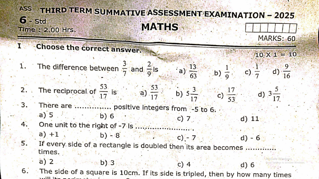6th Maths Third Term Exam Question Paper TM & EM 2025 Krishnagiri Dt ...