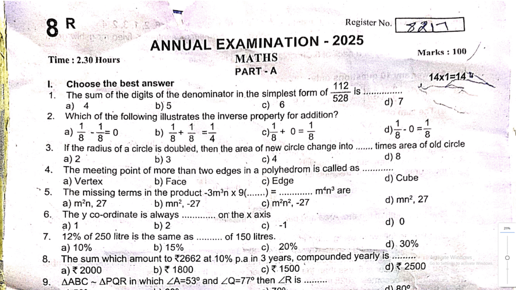 8th Maths Annual Exam Question Paper EM Erode Dt 2025 : Kalvi Nesan