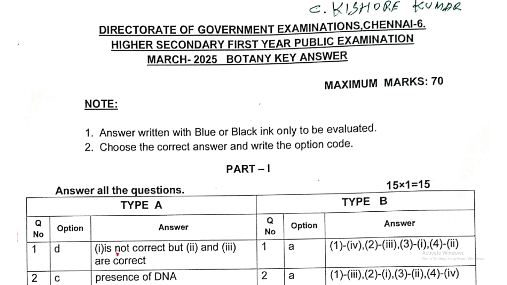 11th Botany Public Exam Official Answer Key English Medium 2025 : Kalvi ...