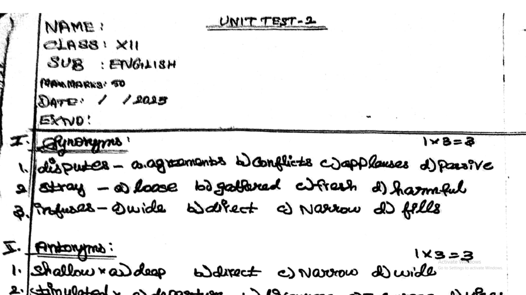 12th English Unit Test - 2 Question Paper 2025 - 2026 : Kalvi Nesan