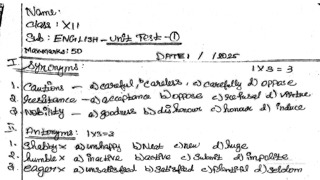12th English Unit Test - 1 Question Paper 2025 - 2026 : Kalvi Nesan