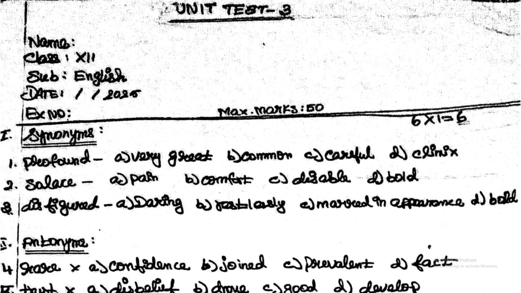 12th English Unit Test - 3 Question Paper 2025 - 2026 : Kalvi Nesan