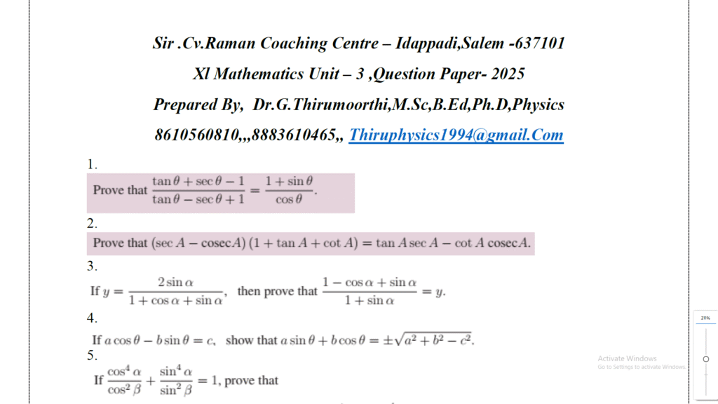 11th Maths Unit - 3 Questions English Medium 2025 - 2026 : Kalvi Nesan