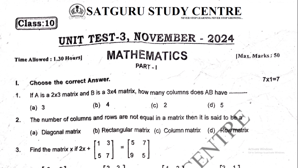 10th Maths Unit Test - 3 Question Paper English Medium 2024 : Kalvi Nesan