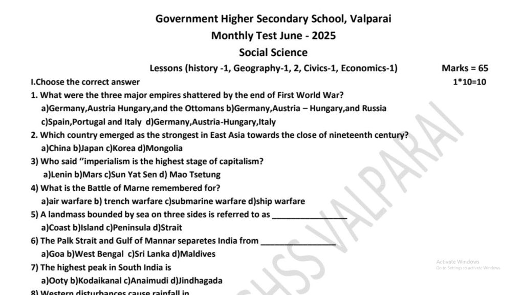 10th Social Science Monthly Test Question Paper English Medium Jun 2025 ...