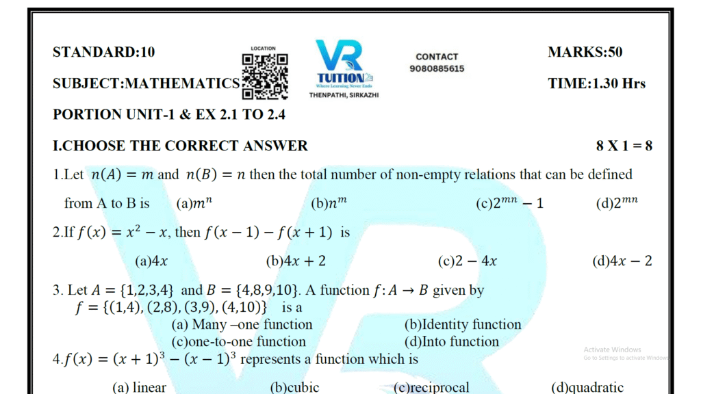 10th Maths Unit - 1 & Ex 2.1 To 2.4 Question Paper English Medium 2025 - 2026 : Kalvi Nesan