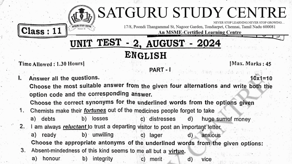 11th English Unit Test - 2 Question Paper 2024 - 25 Chennai Dt : Kalvi ...