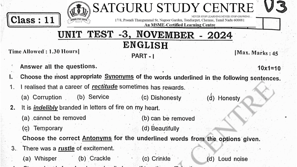 11th English Unit Test - 3 Question Paper 2024 - 25 Chennai Dt : Kalvi ...