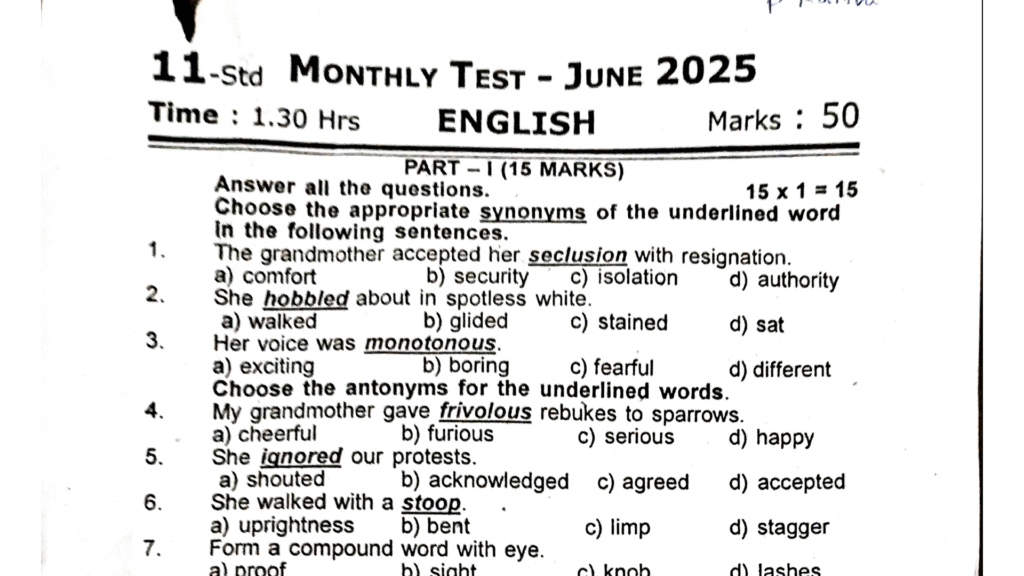 11th English Monthly Test Question Paper June 2025 Salem Dt : Kalvi Nesan