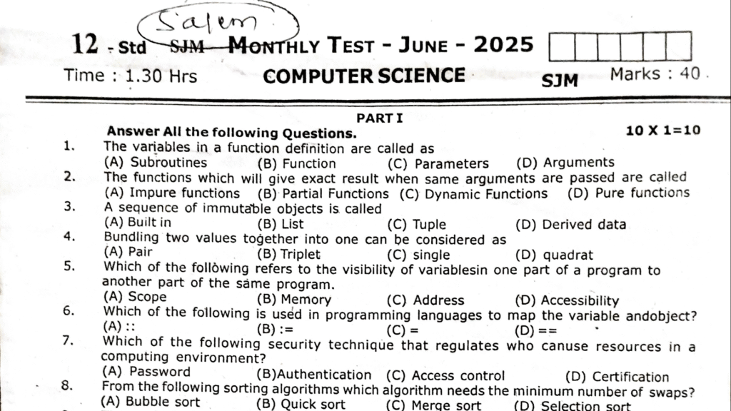 12th Computer Science Monthly Test Question Paper TM & EM June 2025 ...