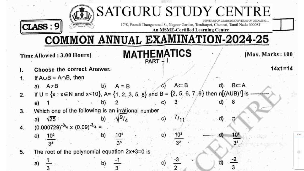 9th Maths Annual Exam Question Paper EM 2024 - 25 Chennai Dt : Kalvi Nesan
