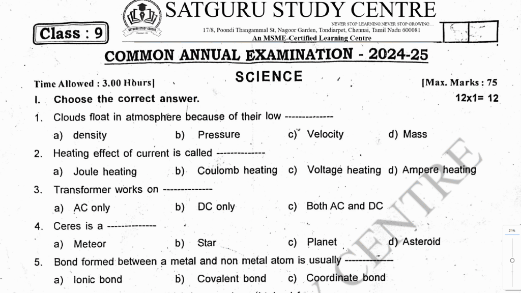 9th Science Annual Exam Question Paper EM 2024 - 25 Chennai Dt : Kalvi ...