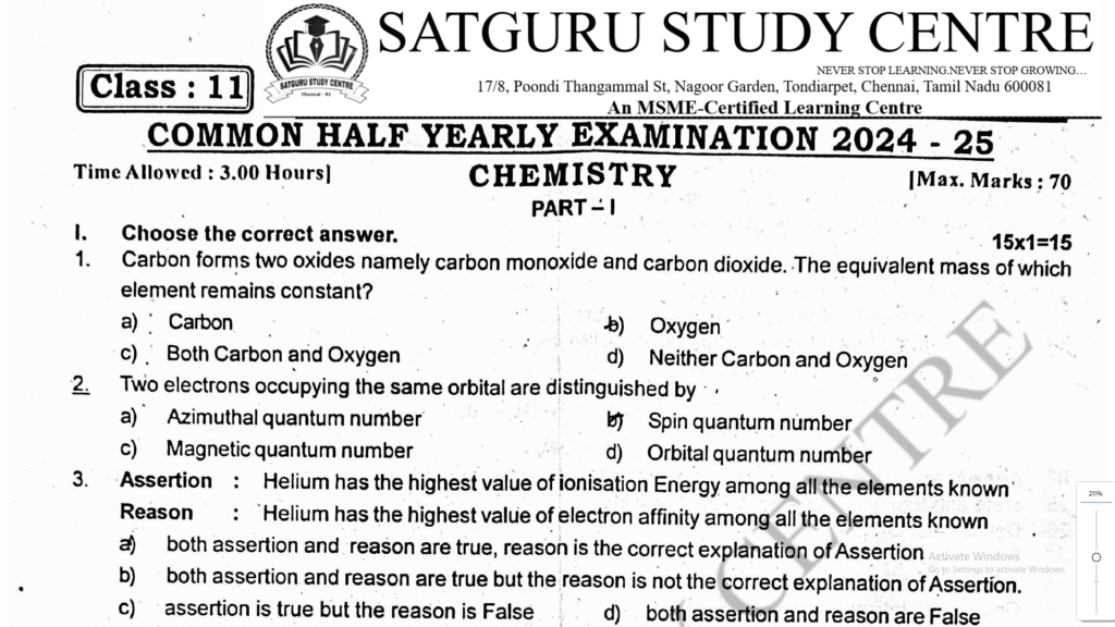 11th Chemistry Half Yearly Question Paper EM 2024 - 25 : Kalvi Nesan