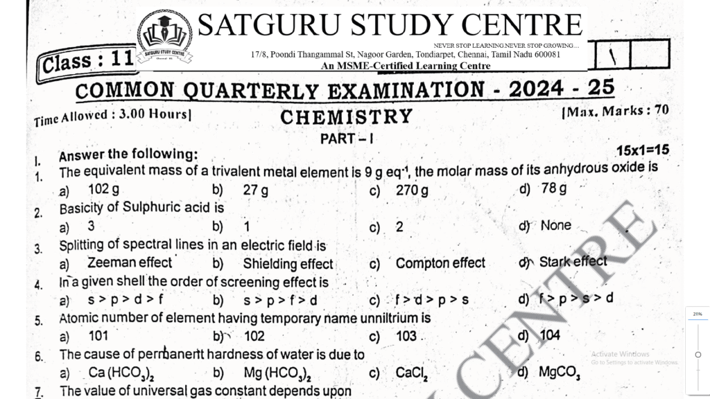 11th Chemistry Quarterly Question Paper EM 2024 - 25 : Kalvi Nesan