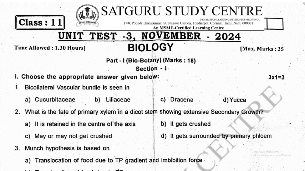 11th Biology Unit Test - 3 Question Paper EM 2025 Chennai Dt : Kalvi Nesan
