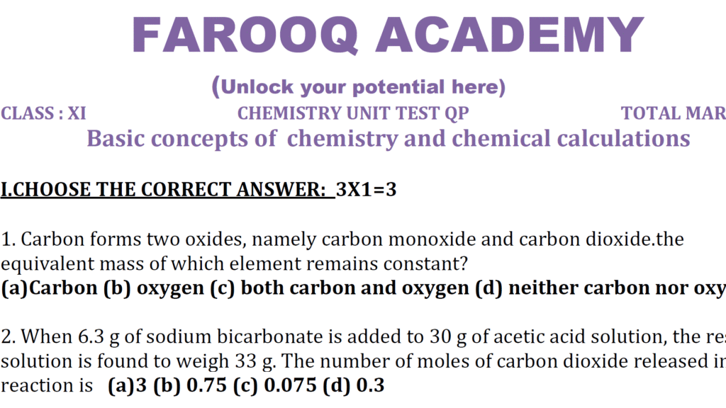 11th Chemistry Chapter - 1 Unit Test Question Paper EM 2025 : Kalvi Nesan