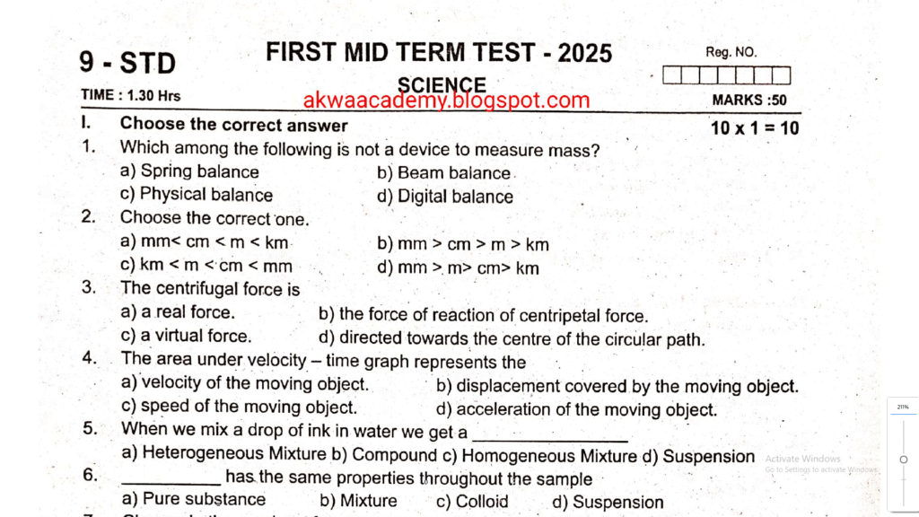 9th Science First Mid Term Test Question Paper EM 2025 Tirupathur Dt ...