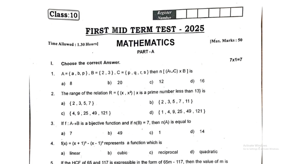 10th Maths First Mid Term Test Question Paper EM July 2025 Chennai Dt ...