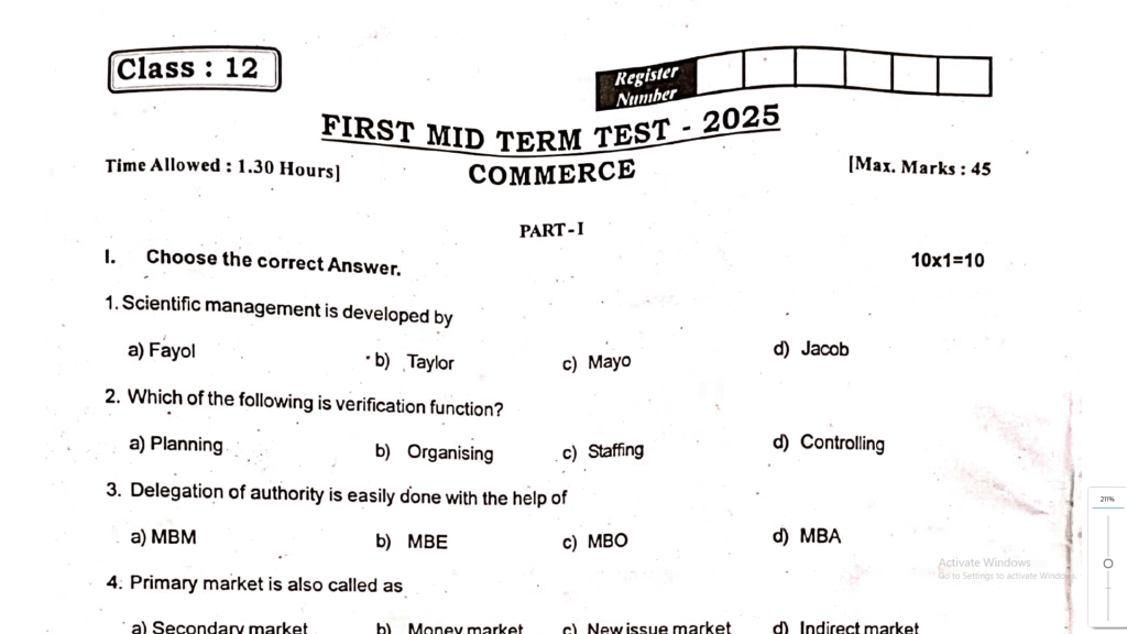 12th Commerce First Mid Term Test Question Paper EM July 2025 Chennai ...