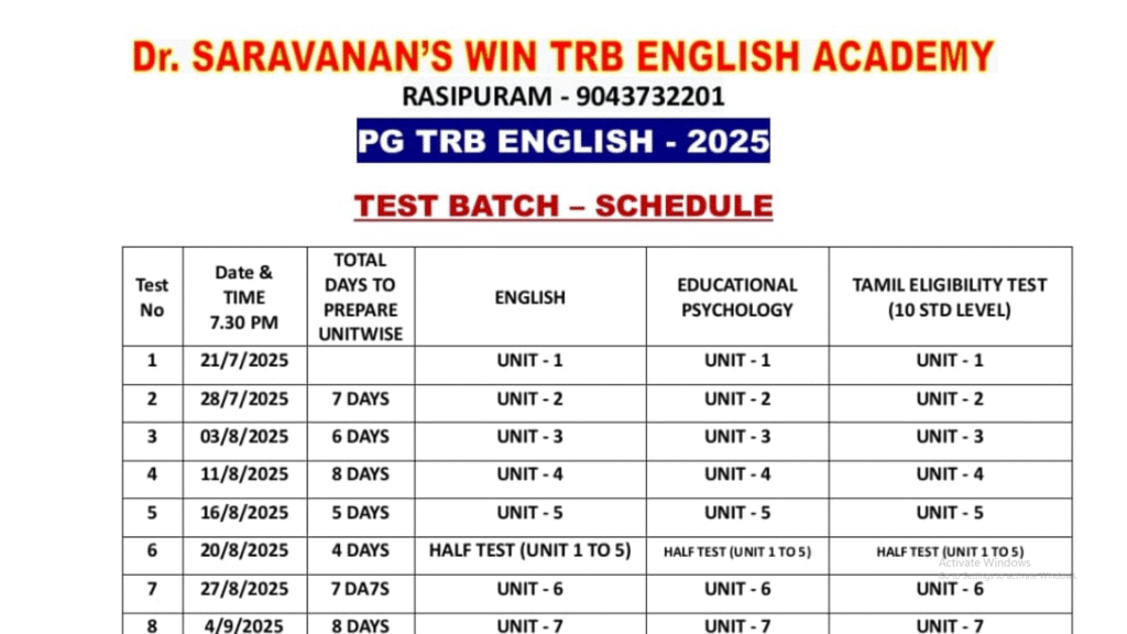 PG TRB English Test Batch Schedule 2025 : Kalvi Nesan