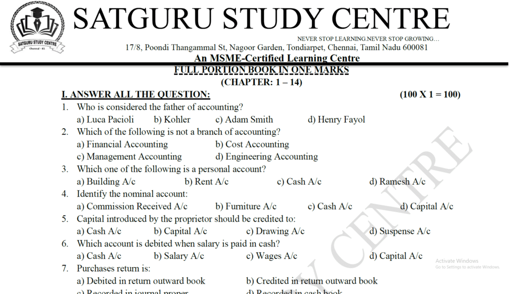 11th Accountancy Full Portion Book Inside One Mark Question & Answer ...