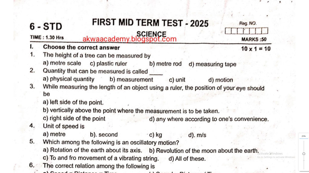 6th Science First Mid Term Test Question Paper EM 2025 Tirupathur Dt ...