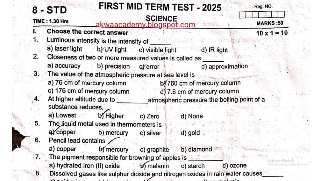8th Science First Mid Term Test Question Paper EM 2025 Tirupathur Dt ...