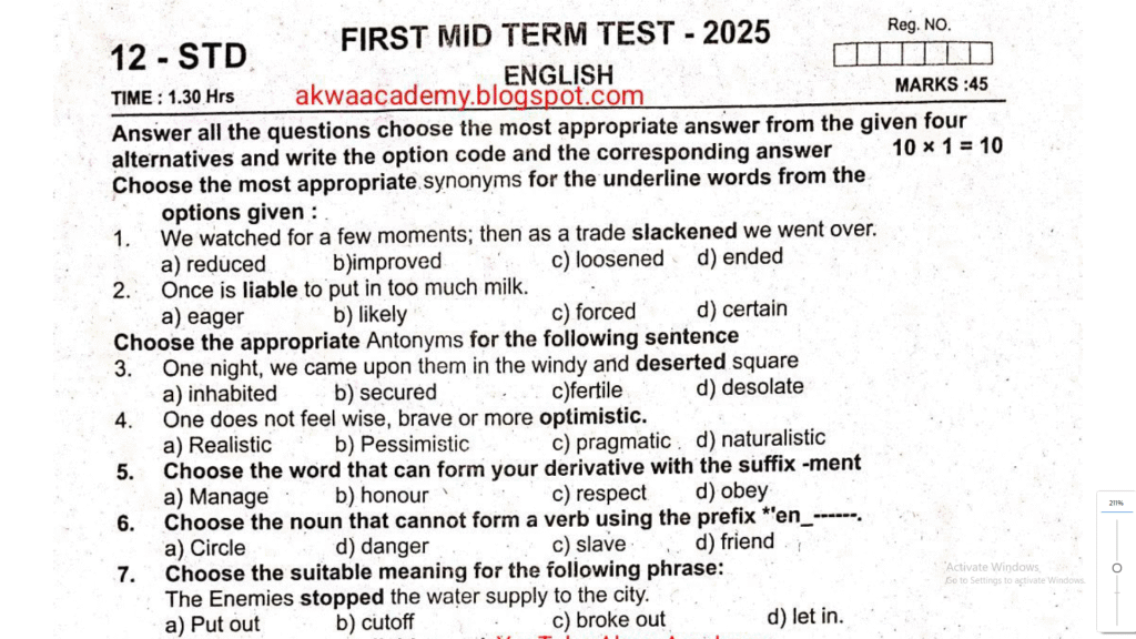 12th English First Mid Term Test Question Paper 2025 Tirupathur Dt ...
