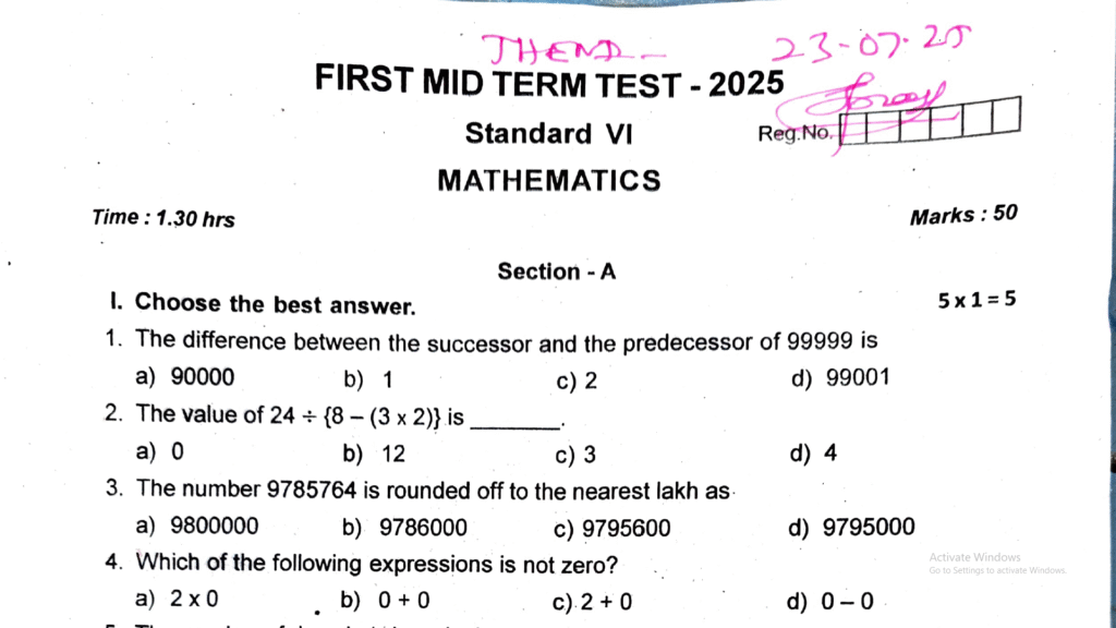 6th Maths First Mid Term Test Question Paper English Medium 2025 Theni ...