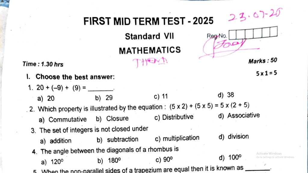 7th Maths First Mid Term Test Question Paper English Medium 2025 Theni ...