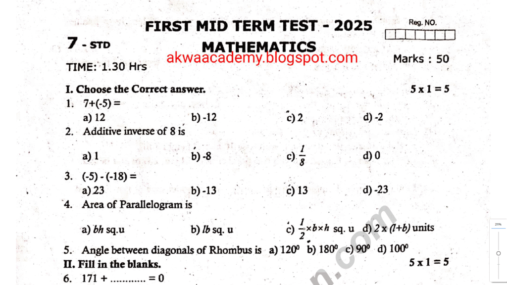 7th Maths First Mid Term Test Question Paper English Medium 2025 ...