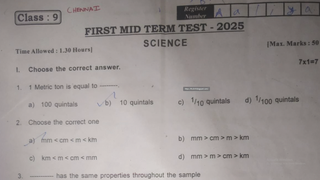 9th Science First Mid Term Test Question Paper EM 2025 Chennai Dt ...