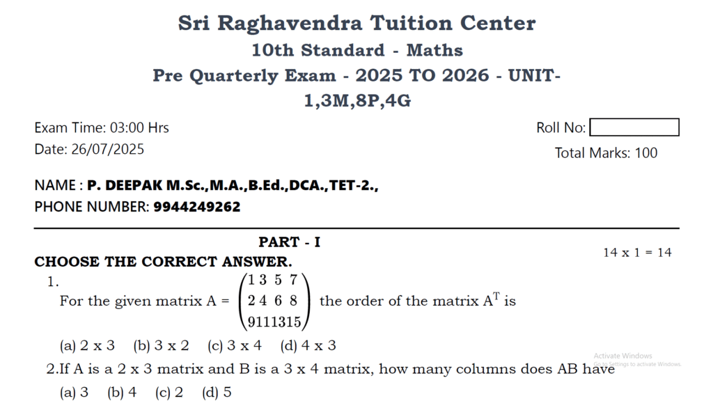 10th Maths Pre Quarterly Exam Model Question Paper English Medium 2025 ...