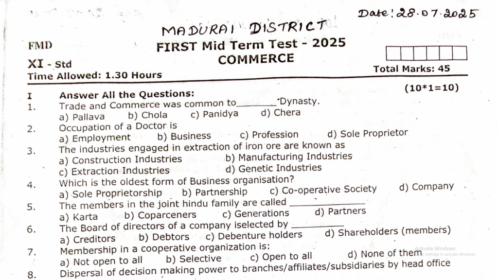 11th Commerce First Mid Term Test Question Paper EM 2025 Madurai Dt ...