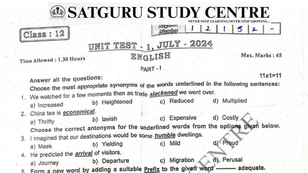 12th English Unit Test - 1 Question Paper 2024 - 25 Chennai Dt : Kalvi ...