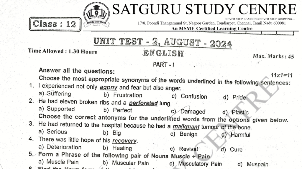 12th English Unit Test - 2 Question Paper 2024 - 25 Chennai Dt : Kalvi ...