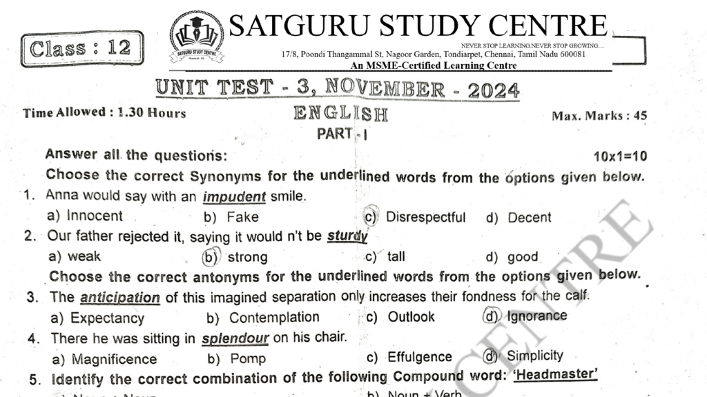 12th English Unit Test - 3 Question Paper 2024 - 25 Chennai Dt : Kalvi ...