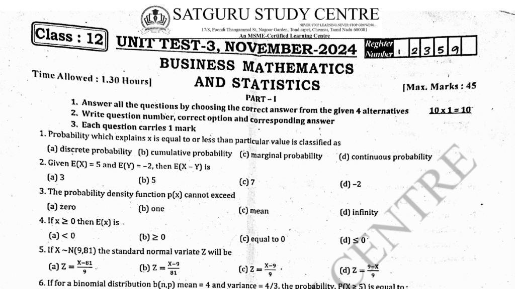12th Business Maths & Statistics Unit Test - 3 Question Paper EM 2024 ...