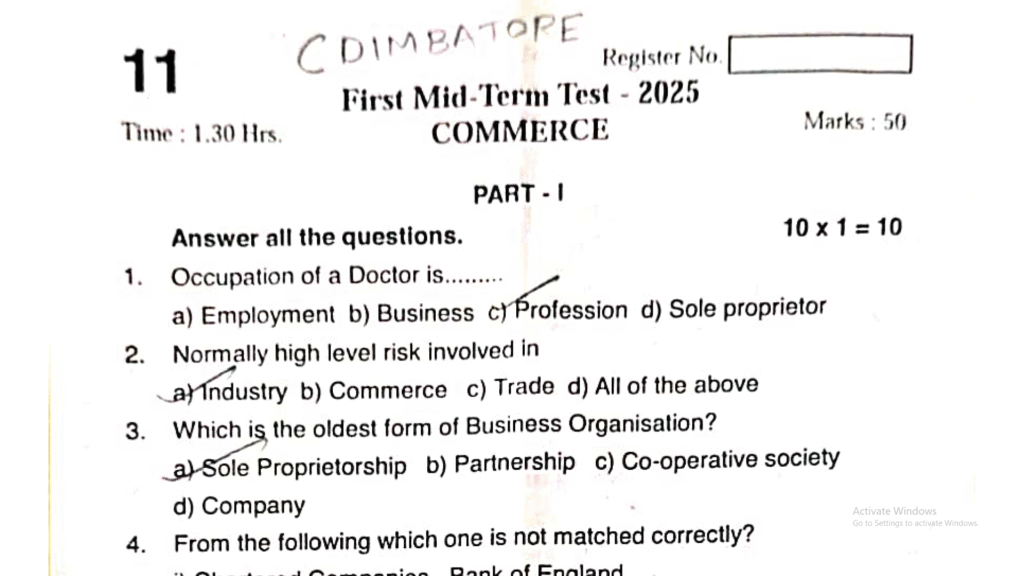 11th Commerce First Mid Term Test Question Paper EM 2025 Coimbatore Dt ...